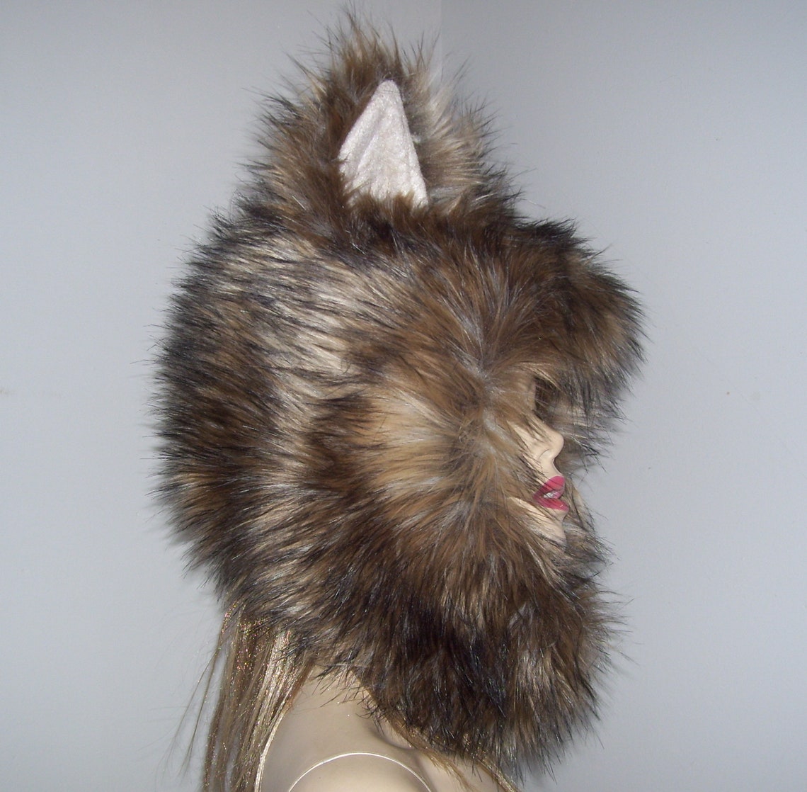 Wolf Fur Hat Hood Furry Wolf Brown Gray Hood Head Piece Animal | Etsy