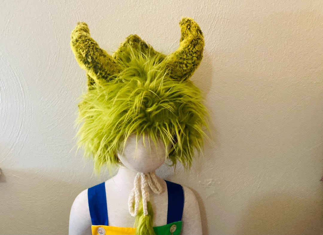 OOAK Green Dinosaur Fur Hat: Halloween Costume, Child Monster 21-22.5 ...
