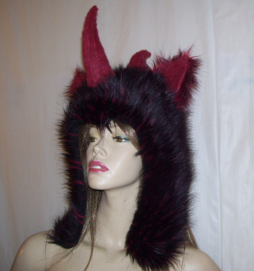 Furry Krampus Monster Hat Black & Red Horned Halloween Costume ...