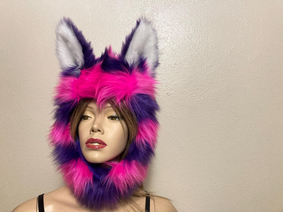 Cheshire Cat Furry Hat: Pink Purple Stripe Kitty Costume Hood - Etsy