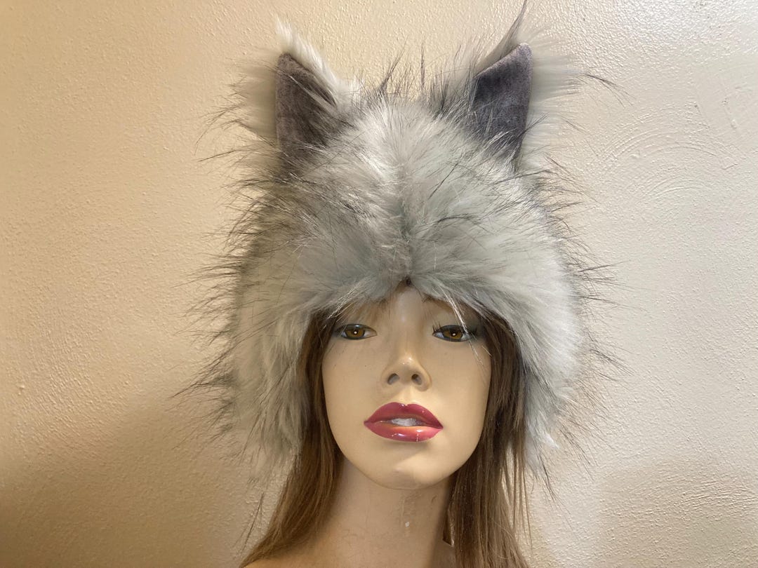 Wolf Hat Faux Fur Gray Werewolf Head Piece Costume Furry Wolf Hat Halloween Adult Christmas Gift ...