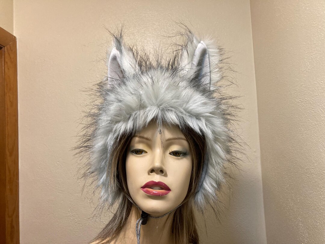 Silver Fox Wolf Hat Big Ears Faux Fur Costume Head Piece Animal Furry ...