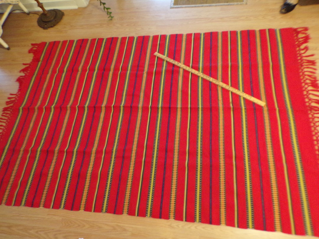 Serape Wool Rug Cream Red Yellow Green Stripe Vintage Area Rug Fringe ...