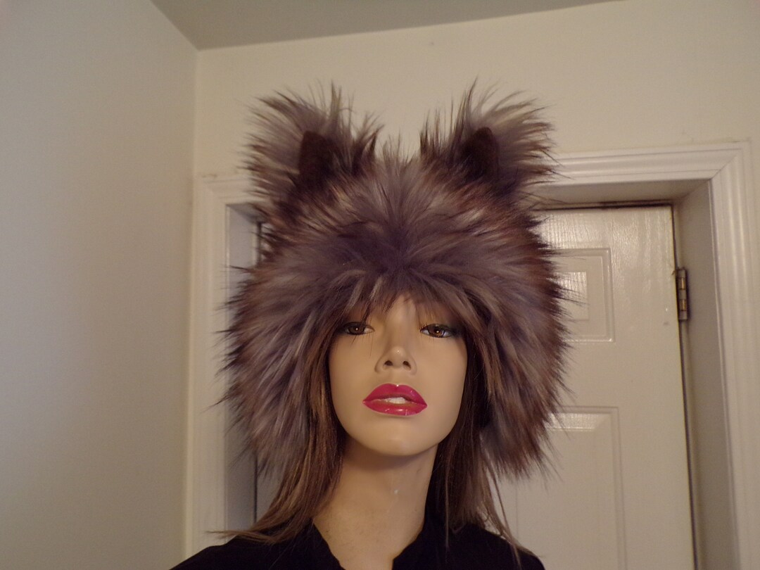 Furry Wolf Hat Ears Gray Brown Long Fur Head Piece Animal Hat Gift ...