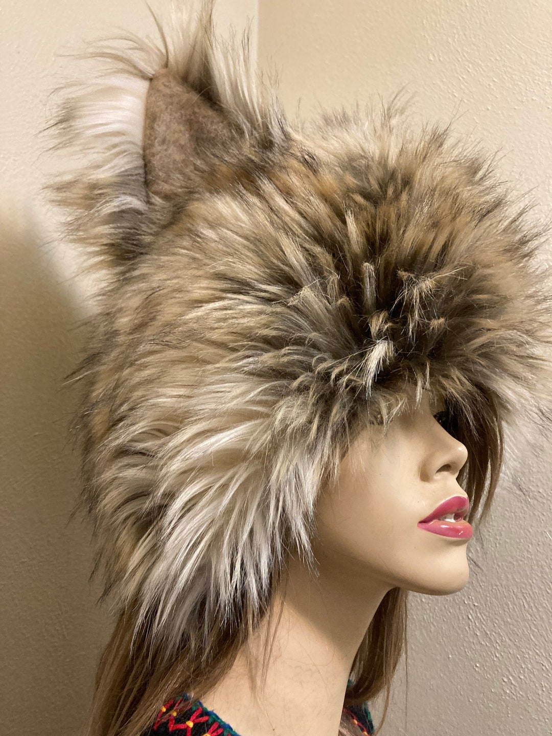 Furry Wolf Hat Ears Coyote Cream Brown Fur Head Piece Animal Hat Gift ...