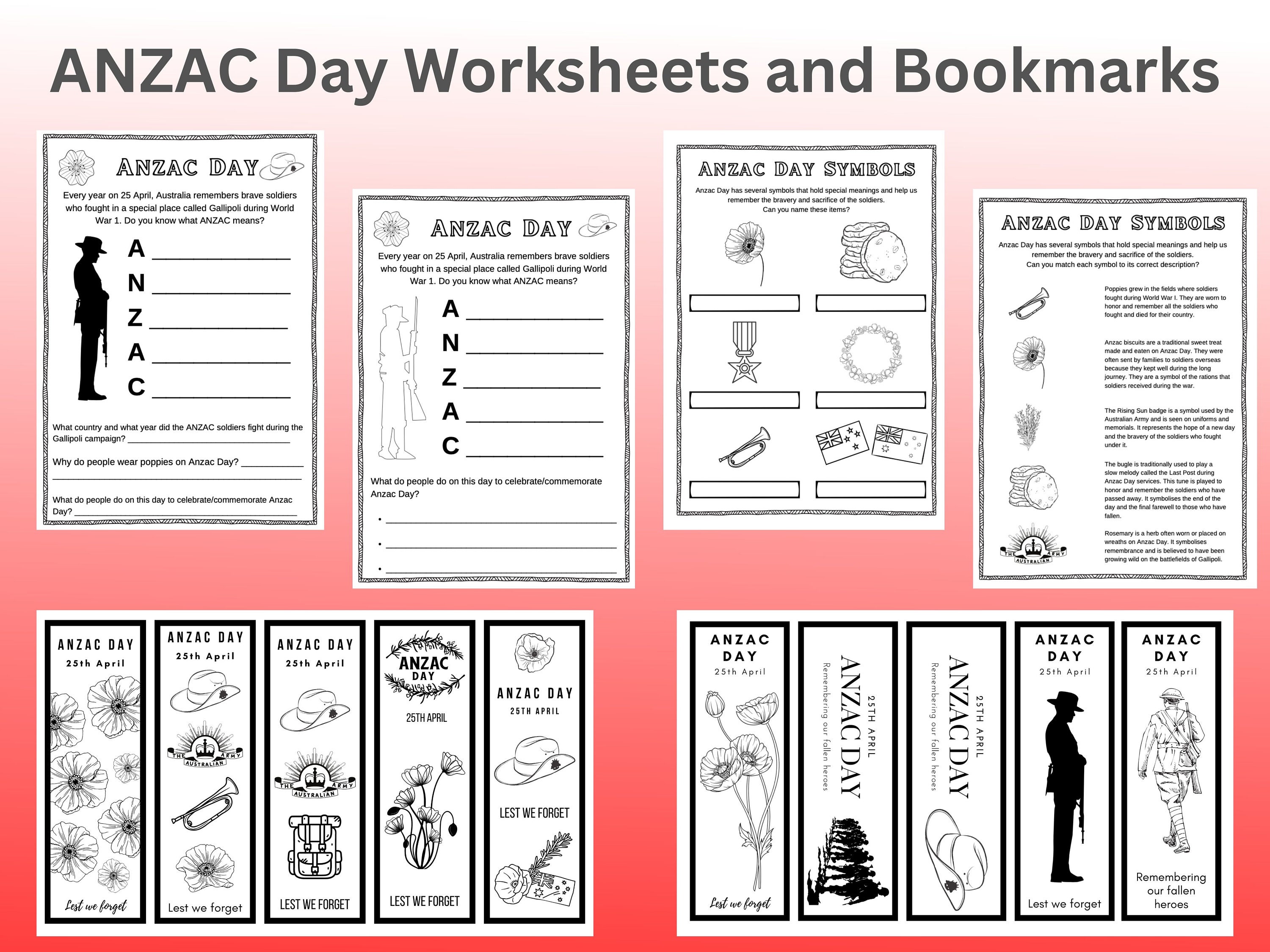 ANZAC Day Worksheets and Bookmark Craft - Etsy