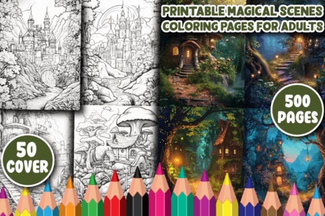 500 Printable Magical Scenes Color Pages | Adult Painting | 50 Premium ...