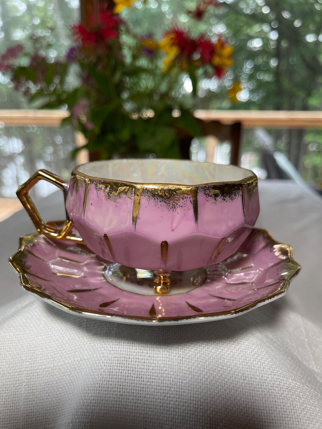 Vintage Pink and Gold Japanese Lusterware Teacup and Saucer. Geometric ...