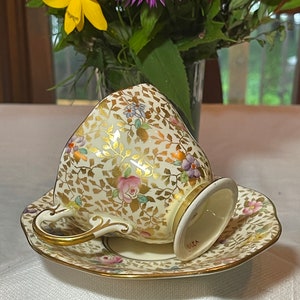 Vintage foley Bone China Footed Teacup & Saucer. Handpainted Leaves and ...