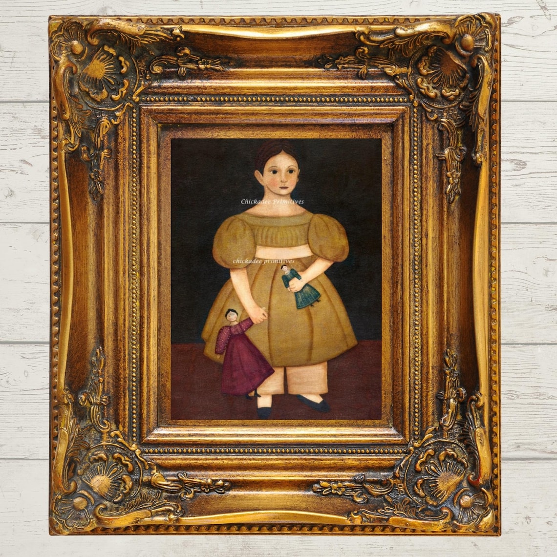 Primitive Folk Art Girl With Dolls Portrait Giclee Primitive - Etsy