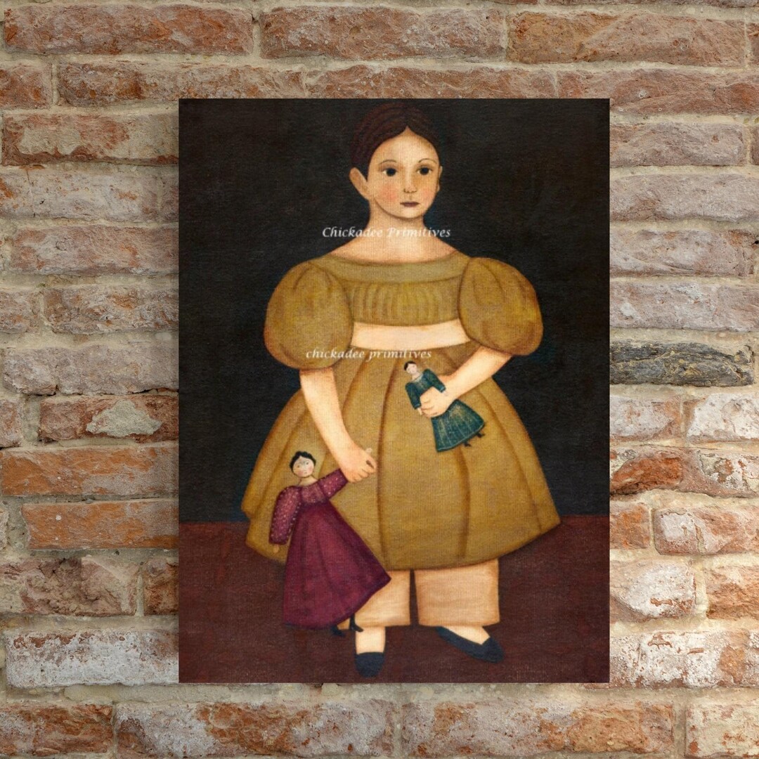 Primitive Folk Art Girl With Dolls Portrait Giclee Primitive - Etsy