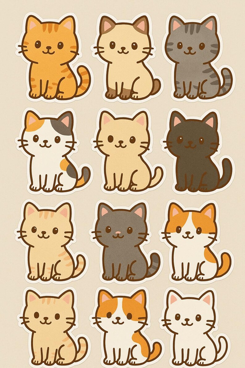 Printable Cat Sticker | Cute Digital Cat Sticker Sheet | Kawaii Cat ...