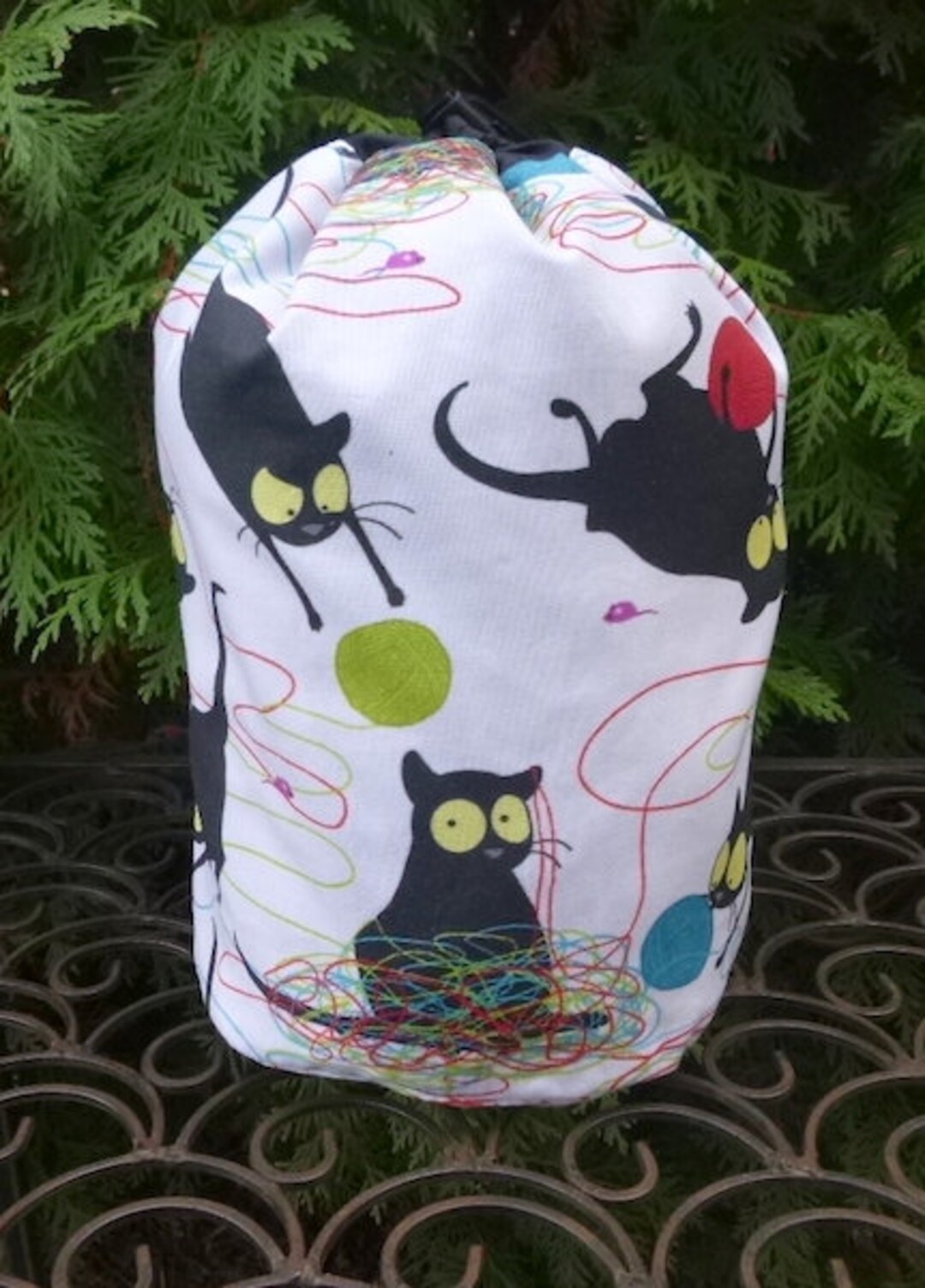 Black Cat Knitting Project Bag, Drawstring Bag, WIP Bag, Happy Kitty ...