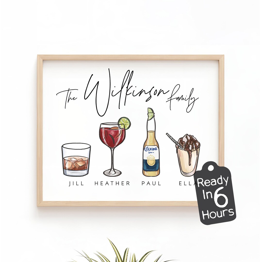 Personalized Family Drink Print Wall Art, Custom Illustrated Beverage ...