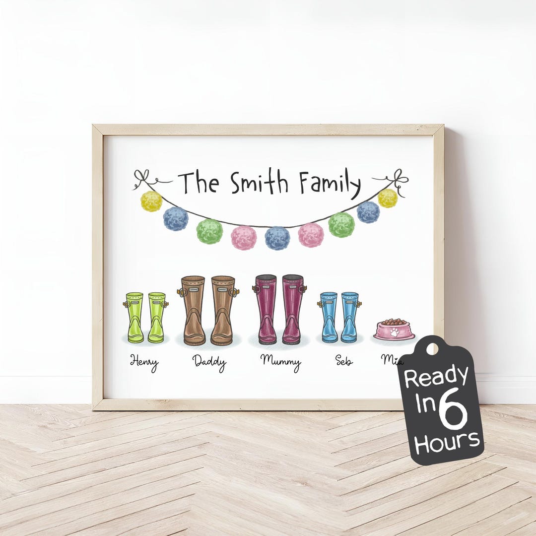 Personalized Family Welly Boot Print With Names, Custom Wellington Boot ...