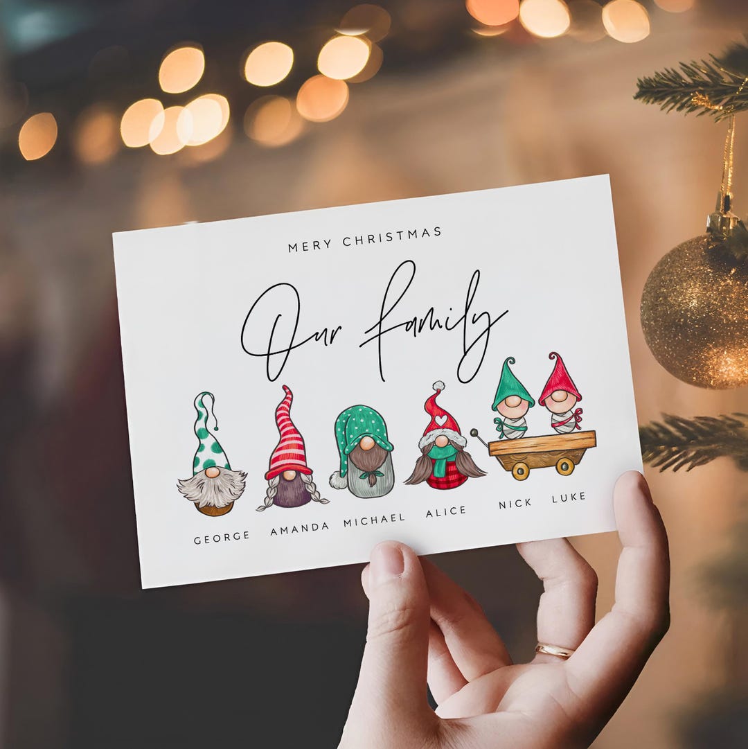 Personalized Gnome Family Portrait Card, Custom Christmas Cute Gonk Art ...