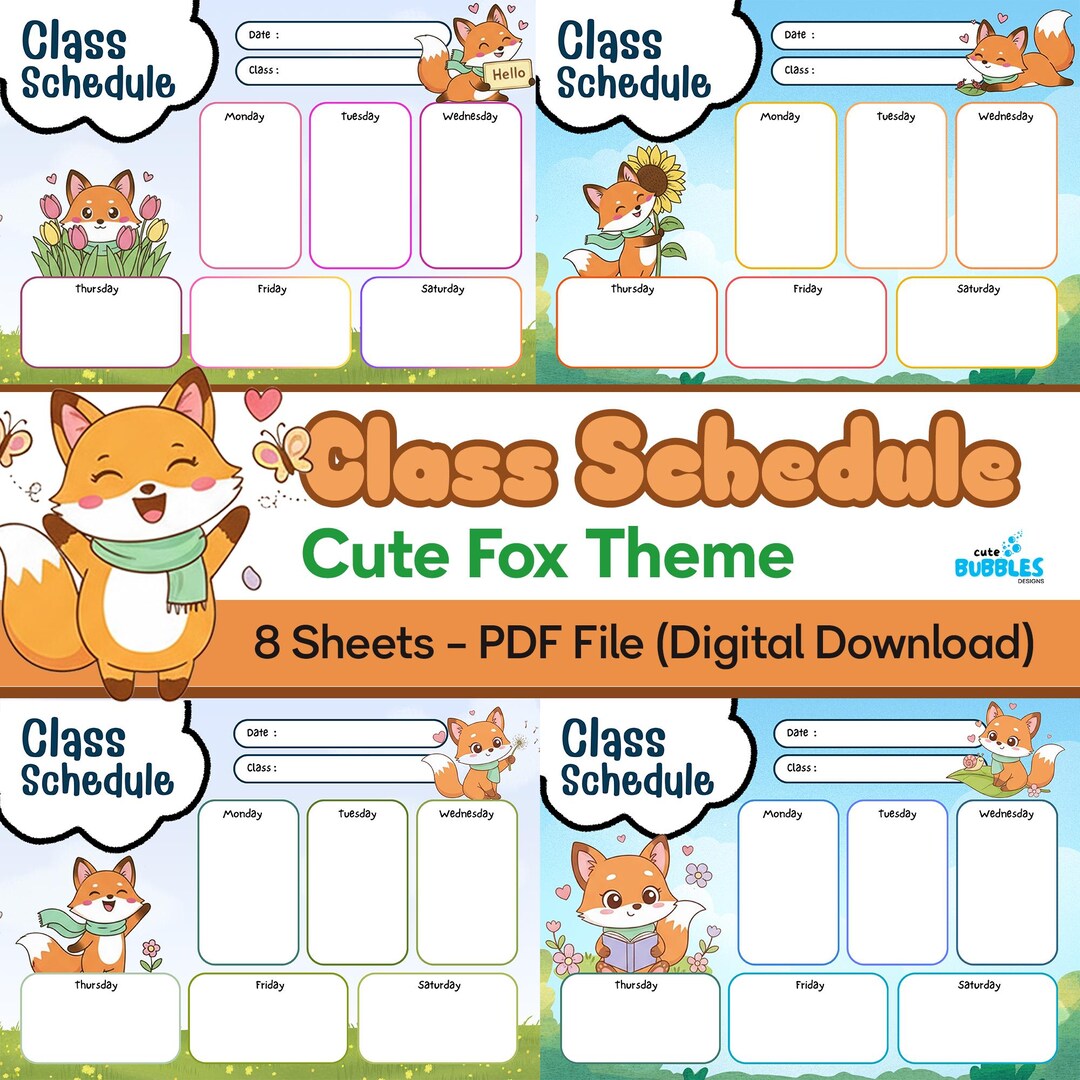 Class Schedule for Kids | Cute Fox Printable Timetable | Kawaii School ...