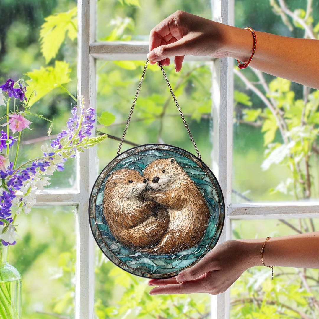 Otter Stained Glass Suncatcher, Two Otters Floating on Water, Handmade ...