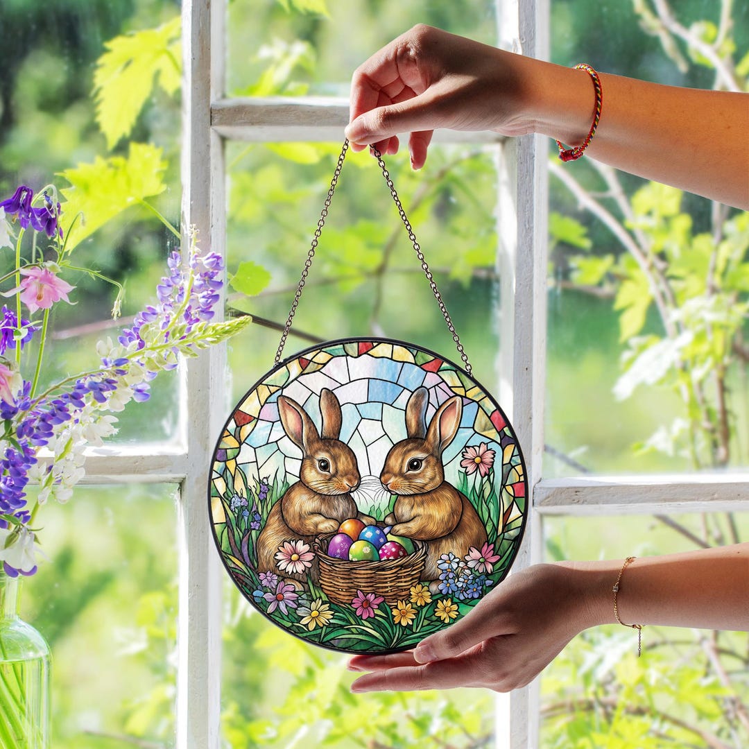 Stained Glass Easter Bunny Suncatcher, Two Bunnies With Easter Eggs and ...