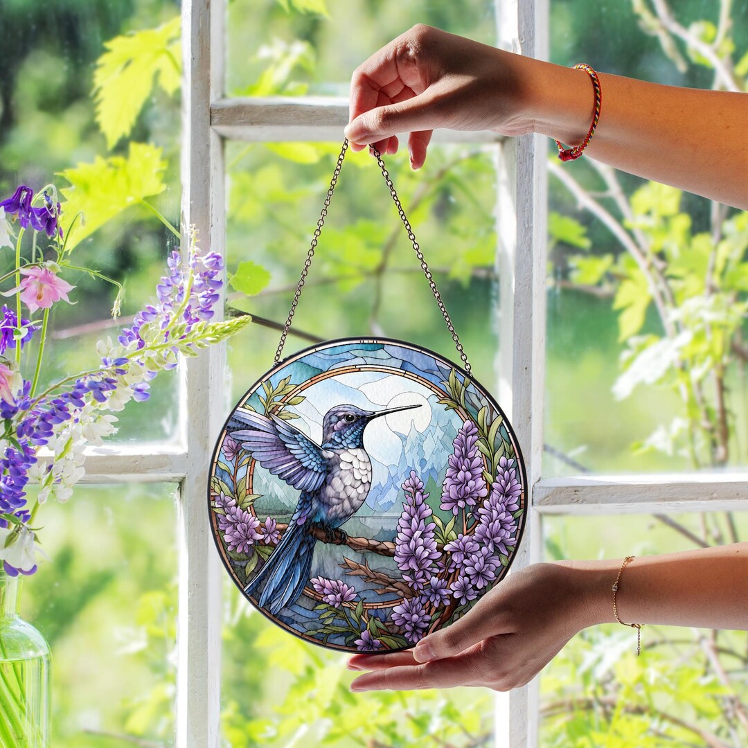 Hummingbirds and Lavender Flowers Stained Glass Suncatcher, Bird Wall ...