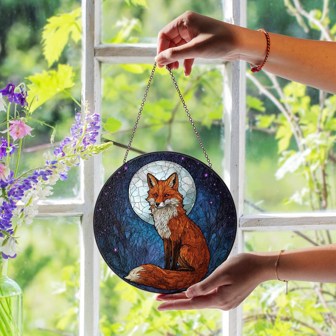 Fox Stained Glass Suncatcher, Fox Sitting With Full Moon Behind ...