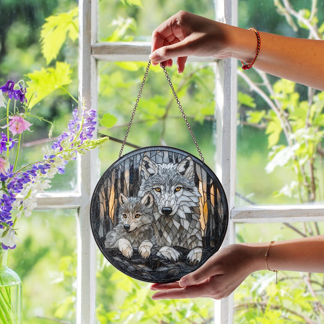 Wolf Stained Glass Suncatcher, Wolf Mother With Cub, Handmade Rustic ...