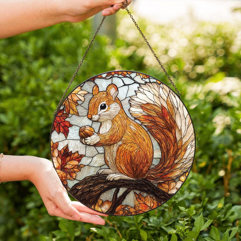Squirrel Stained Glass Suncatcher, Stained Glass Squirrel, Red Squirrel ...