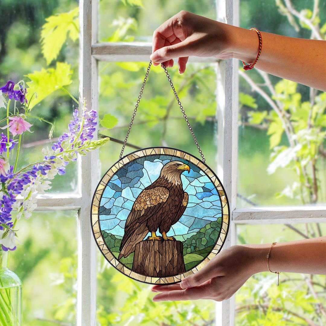 Bald Eagle Stained Glass Suncatcher, Eagle Sitting on Tree Stump ...