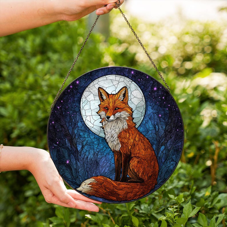Fox Stained Glass Suncatcher, Fox Sitting With Full Moon Behind ...