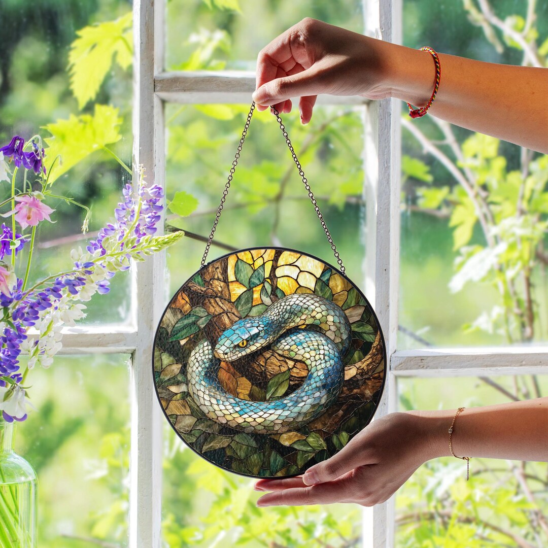 Snake Stained Glass Suncatcher, Blue Pit Viper in Forest, Handmade ...