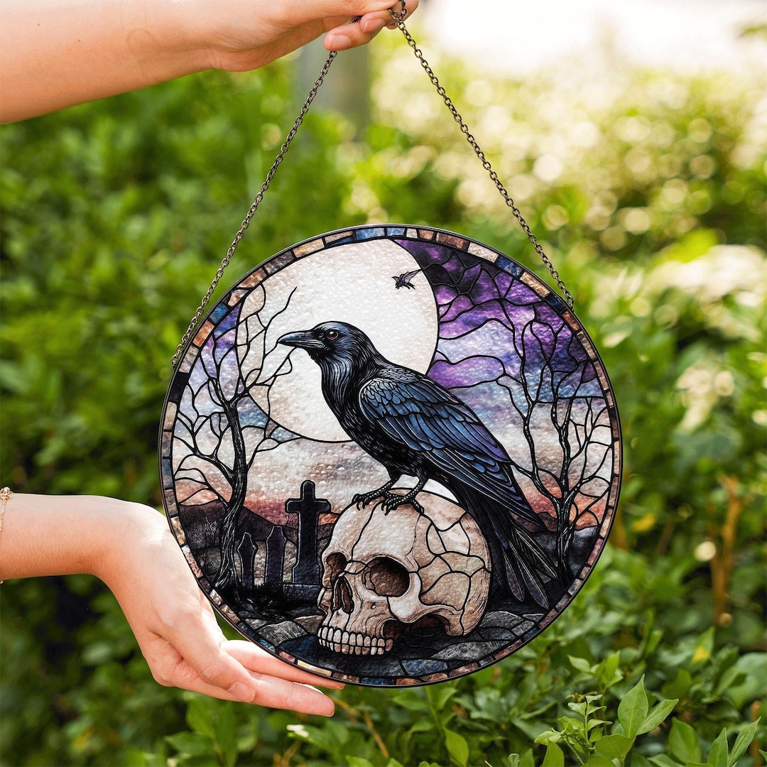 Crow Stained Glass Suncatcher, Crow on Skull Suncatcher, Gift for Women ...