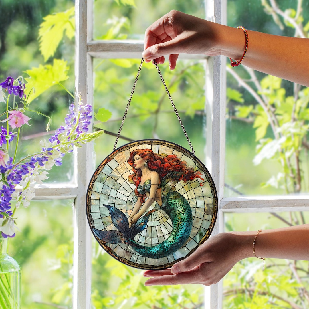 Mermaid Stained Glass Suncatcher, Handmade Ocean Window Decor, Nautical ...