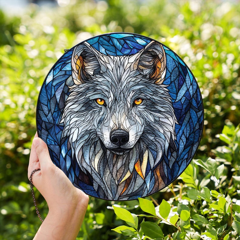 Wolf Stained Glass Suncatcher, Wolf Face Portrait, Handmade Wildlife ...