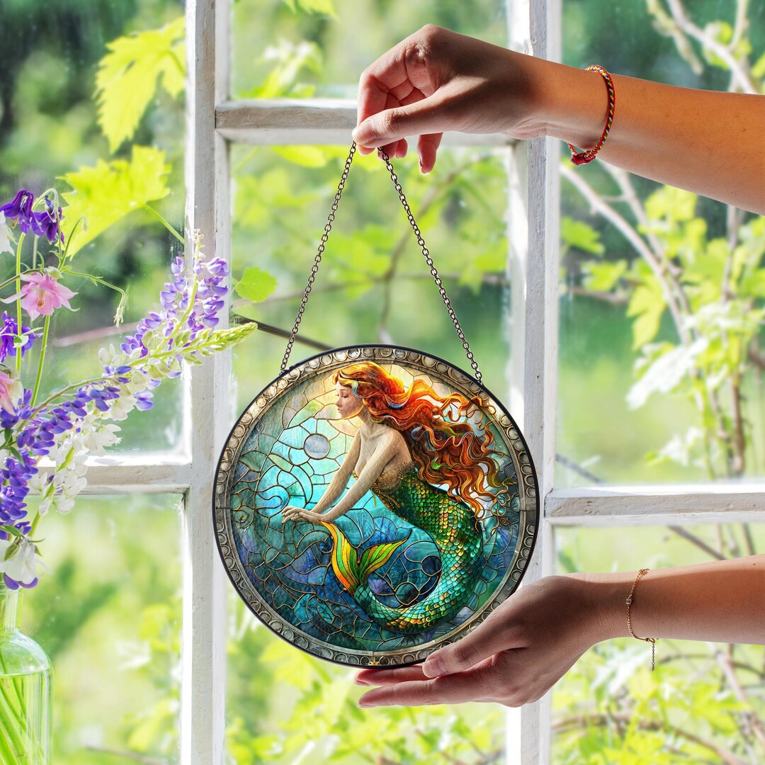 Mermaid Stained Glass Suncatcher, Mermaid and Sunset Scene, Handmade ...
