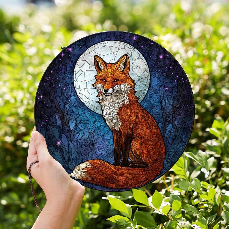 Fox Stained Glass Suncatcher, Fox Sitting With Full Moon Behind ...