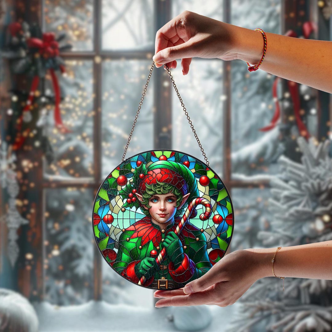 Christmas Elf Stained Glass Suncatcher, Candy Cane Window Art - Etsy