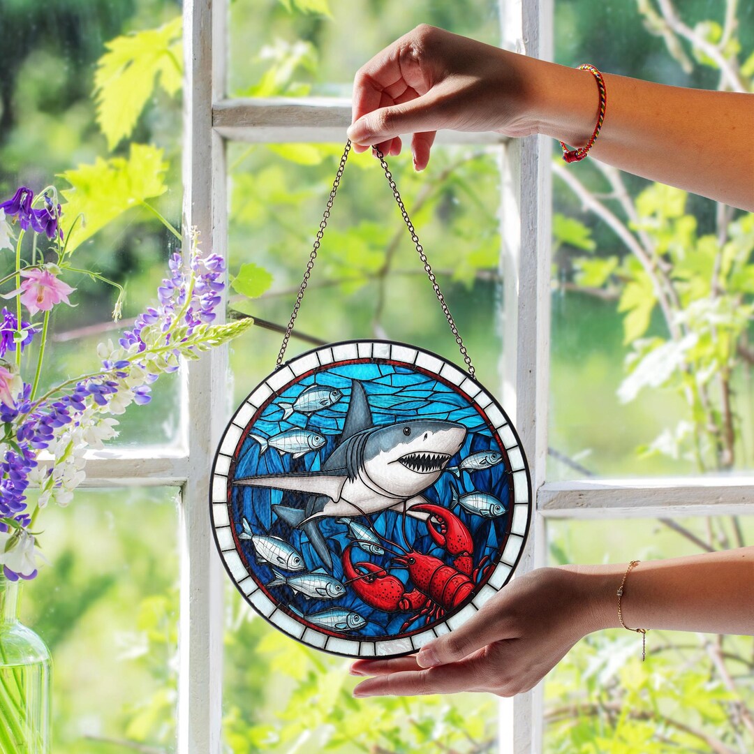 Shark Stained Glass Suncatcher, Shark With Fish and Lobster, Ocean Sea ...