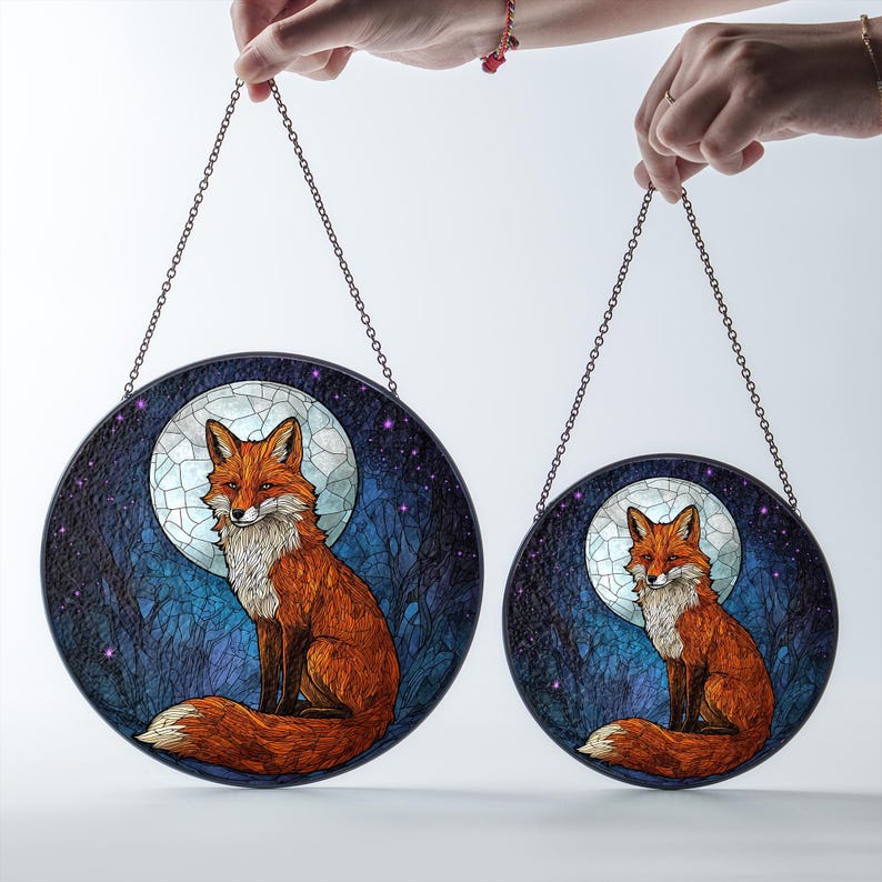 Fox Stained Glass Suncatcher, Fox Sitting With Full Moon Behind ...