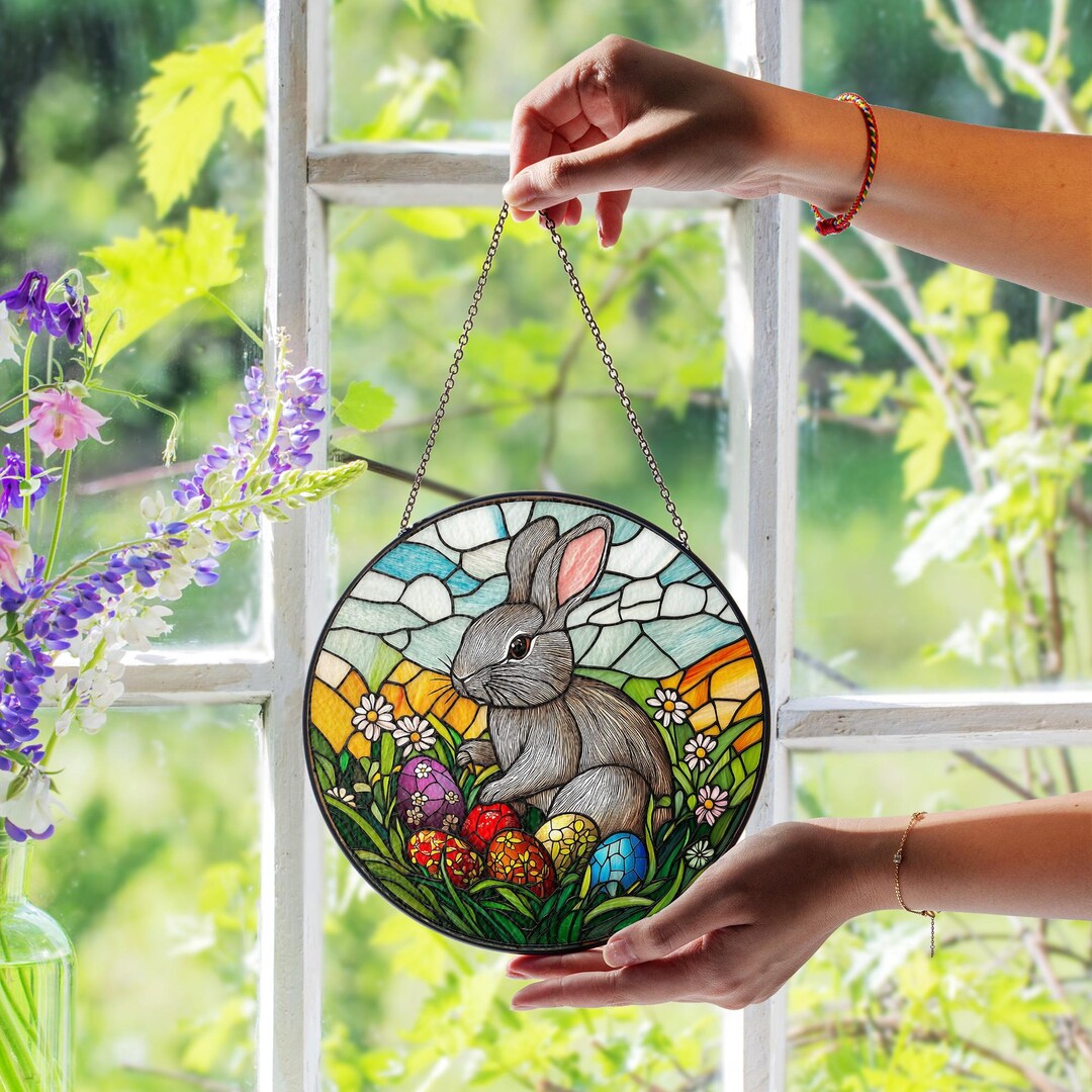 Easter Bunny Stained Glass Suncatcher, Bunny With Decorated Eggs and ...