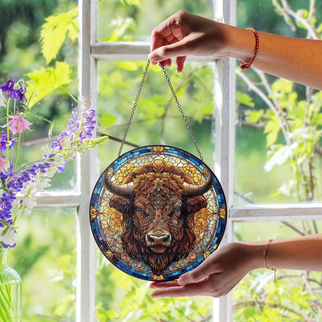 Bison Stained Glass Suncatcher, Western Buffalo Window Art, Rustic ...