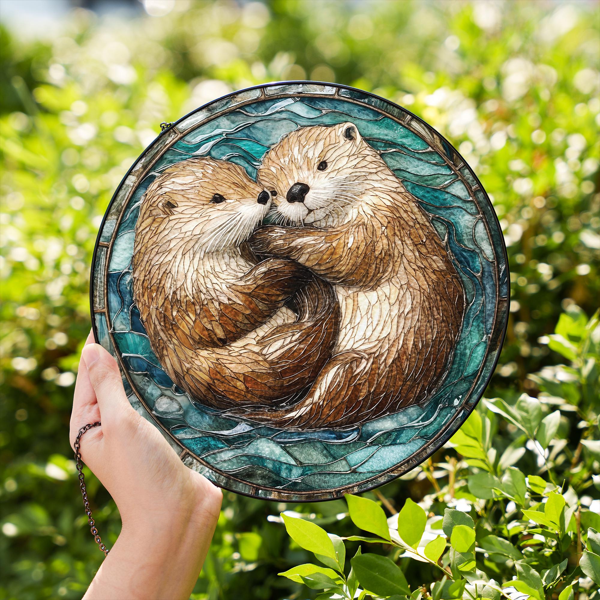 Otter Stained Glass Suncatcher, Two Otters Floating on Water, Handmade ...