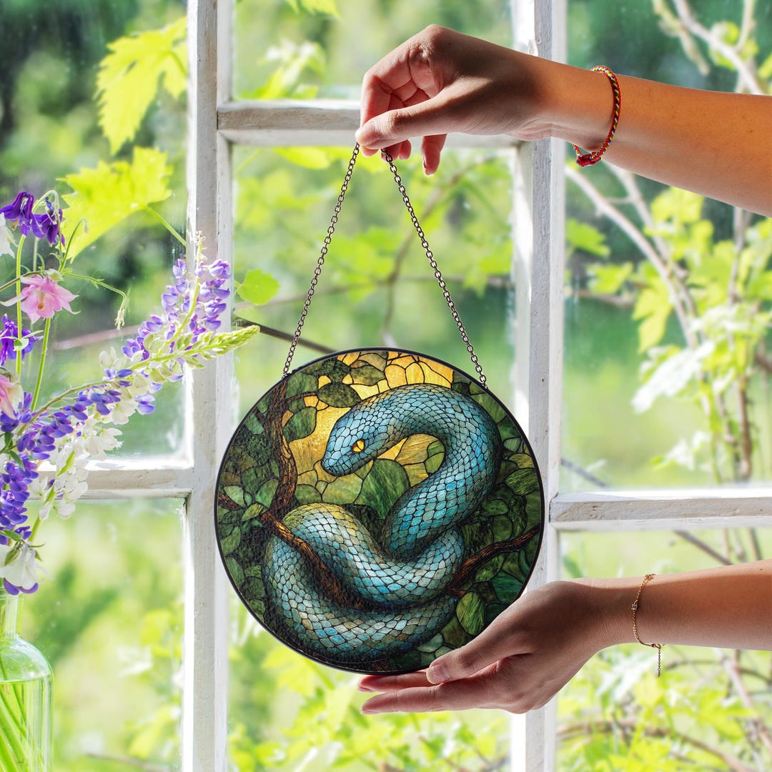 Snake Stained Glass Suncatcher, Tree Python in Forest, Turquoise Snake ...