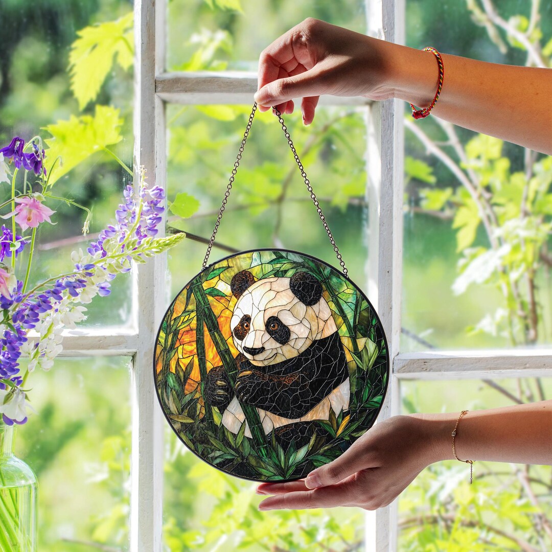 Panda Stained Glass Suncatcher, Panda With Bamboo Tree, Handmade ...