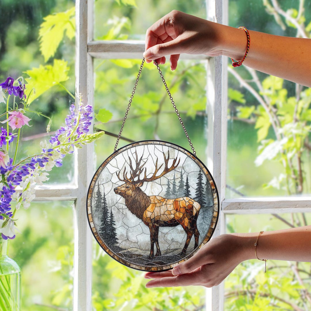 Elk Stained Glass Suncatcher, Woodland Wildlife Window Hanging ...