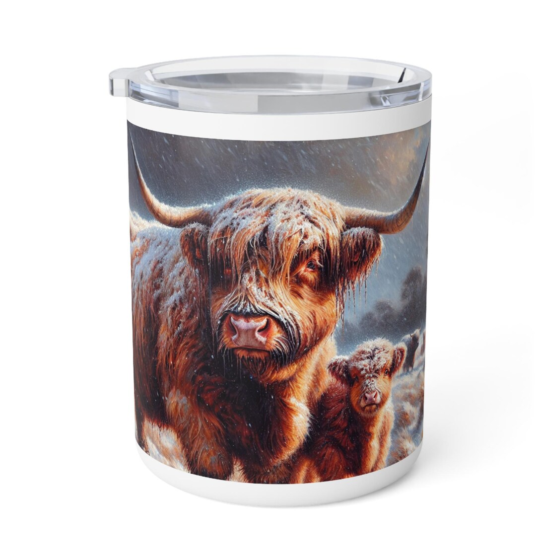 Highland Cow and Calf Insulated Coffee Mug Snowy Day Farm Animals Hot ...