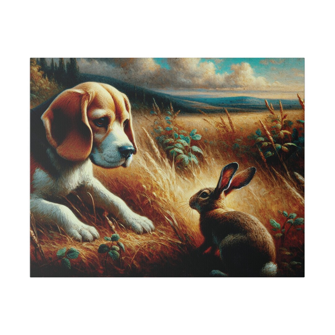 Beagle and Rabbit Encounter: Charming Pet Portrait Wall Decor Matte ...
