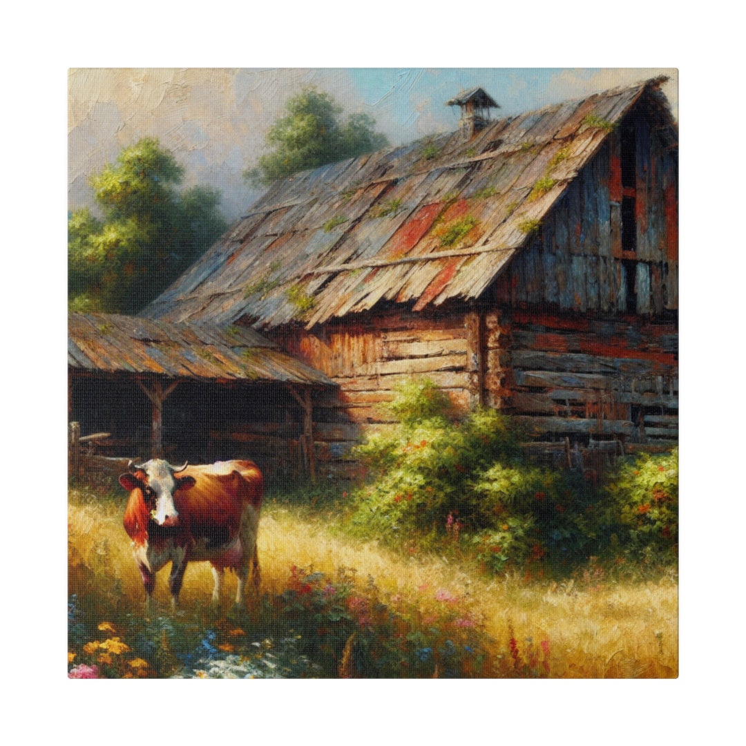 Rustic Farmhouse Cow and Barn Wall Decor on a Matte Canvas, Stretched ...