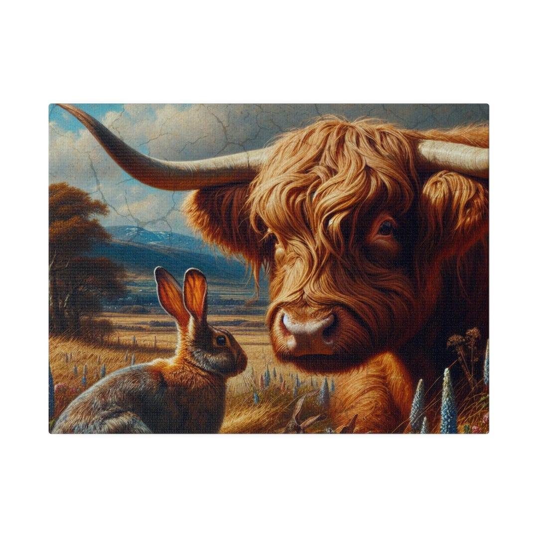 Highland Cow and Rabbit Friendship a Whimsical Print on a Matte Canvas ...