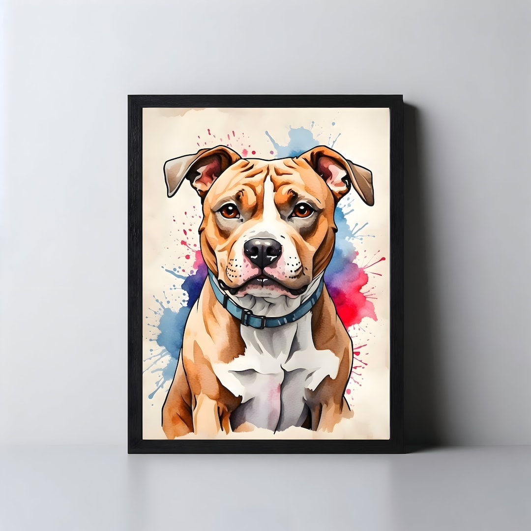 American Pitbull Wall Art, Dog Art Print, Colorful Watercolor, Digital ...