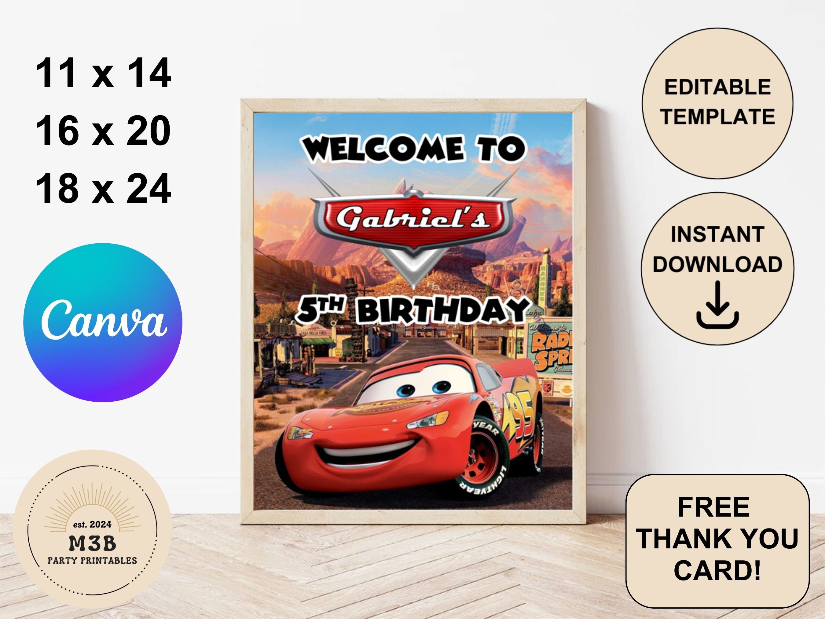 Cars Lightning Mcqueen Birthday Welcome Sign, Cars Custom Editable ...